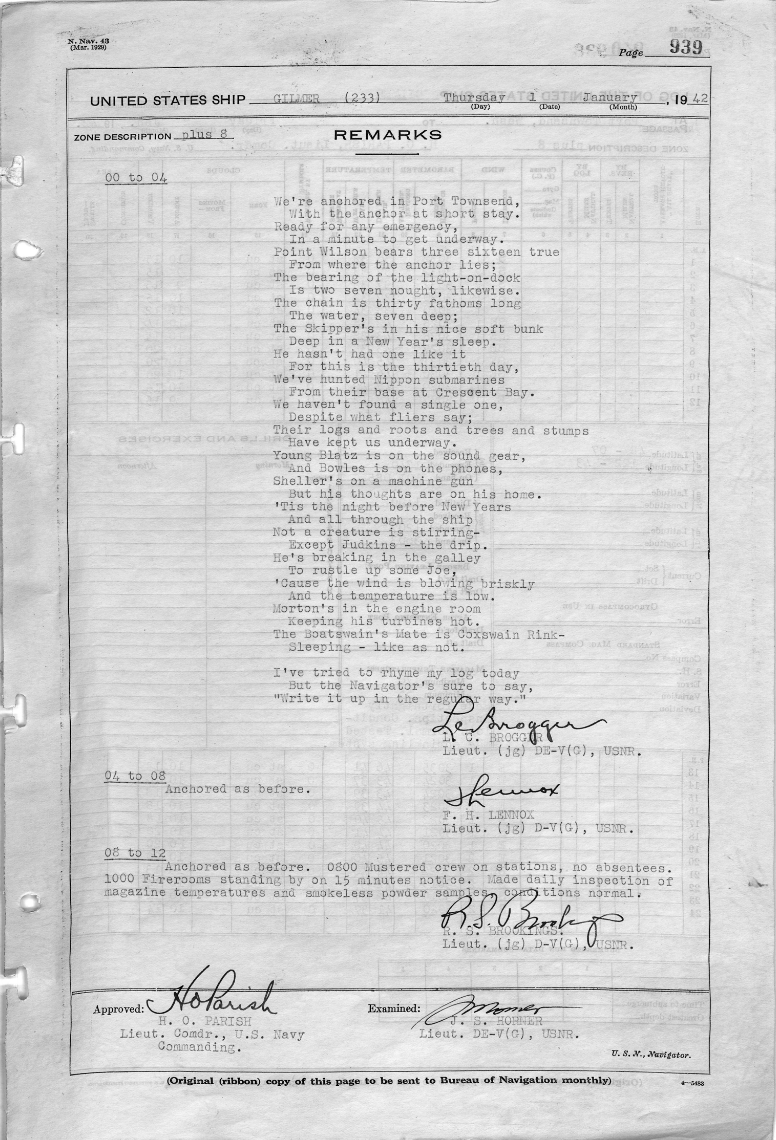 New Year’s Deck Log – 1942, USS Gilmer, DD-233 – Naval Order of the US ...